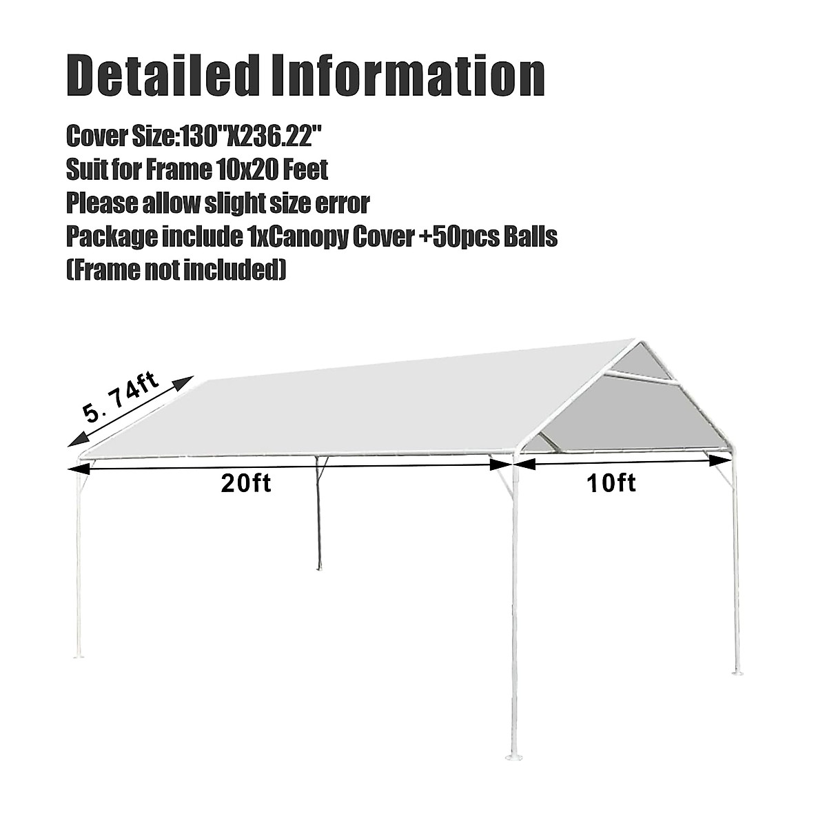 Eunika 10 x 20 Ft Carport Replacement Canopy Cover Garage Car Top Tent 180G PE Fabric Shelter Tarp Tent with 50 Ball Bungee Cords, Waterproof & UV Protected (Only Cover, Frame Not Include), White