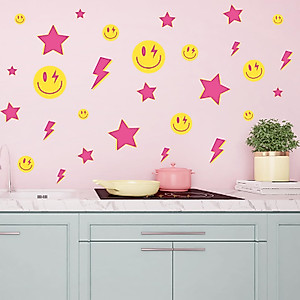 Whaline 156Pcs Preppy Wall Stickers Lightning Bolt Smile Star Wall Decals Pink Room Mural Thunder Stickers Aesthetic Vinyl Wall Decals for Party Home Nursery Decor, 7.9 x 11.8 Inch, 12 Sheets