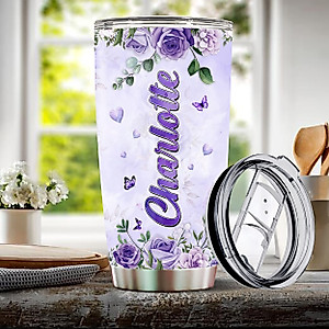 WONWIX Personalized Elephant Tumbler Customized Name Elephants Mug Gift Mugs Funny Gifts For Adults Purple Flowers Cups 20oz Insulated Stainless Steel Coffee Cup With Lid
