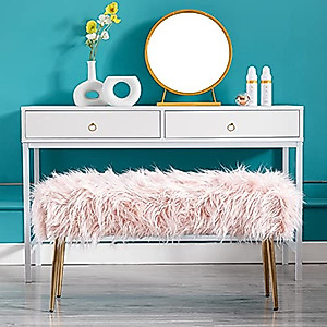 DM Furniture Faux Fur Vanity Bench Fuzzy Entryway Bench Furry Ottoman End of Bed Stool with Gold Metal Legs for Living Room Bedroom Closet, Pink