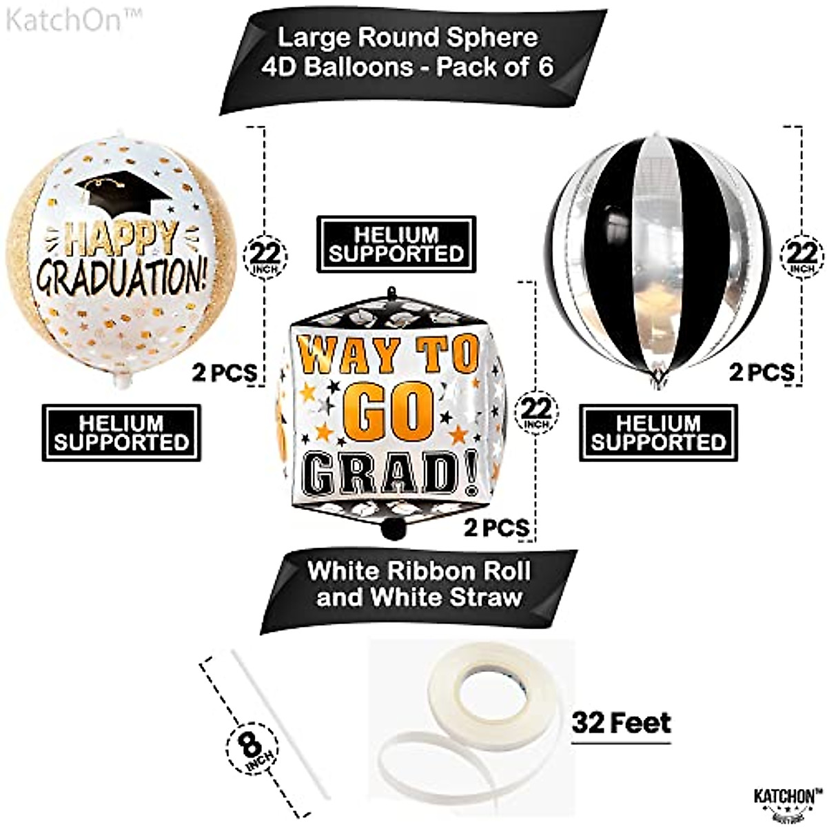 Big, 22 Inch Happy Graduation Balloons 2023 - Pack of 6 | Graduation Mylar Balloons for Black and Silver Graduation Party Decorations 2023 | Congrats Balloon, Kindergarten Graduation Decorations 2023