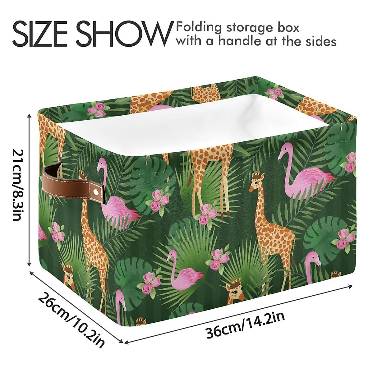 Tropical Flamingo Giraffe Storage Basket Collapsible Storage Bins Cubes Box Fabric Toy Chest Clothes Hamper Gift Baskets for Shelves Home Office Nursery Shoes with Leather Handles