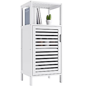 HITNET Bamboo Bathroom Storage Cabinet, 4 Tier Small White Floor Cabinet with Single Door, Free Standing Slim Narrow Storage Organizer for Bedroom Living Room