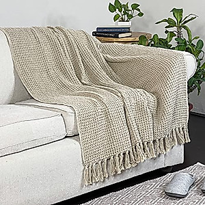 Chardin home Stonewash Beige Waffle Weave Throw, 50x60 Inch 100% Cotton- Large, Wearable, Breathable, Skin-Friendly & Cozy Everyday use Blanket for Couch, Bed, Sofa - Soft & Lightweight Picnic Throw