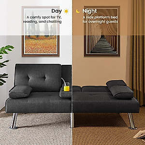 66'' Convertible Futon Sofa Bed Modern Folding Small Couch Bed Linen Fabric, Recliner Lounge Sofa for Living Room with 2 Cup Holders, Removable Armrests, Sleeper Loveseat, Futon Set (Black+ Gray)