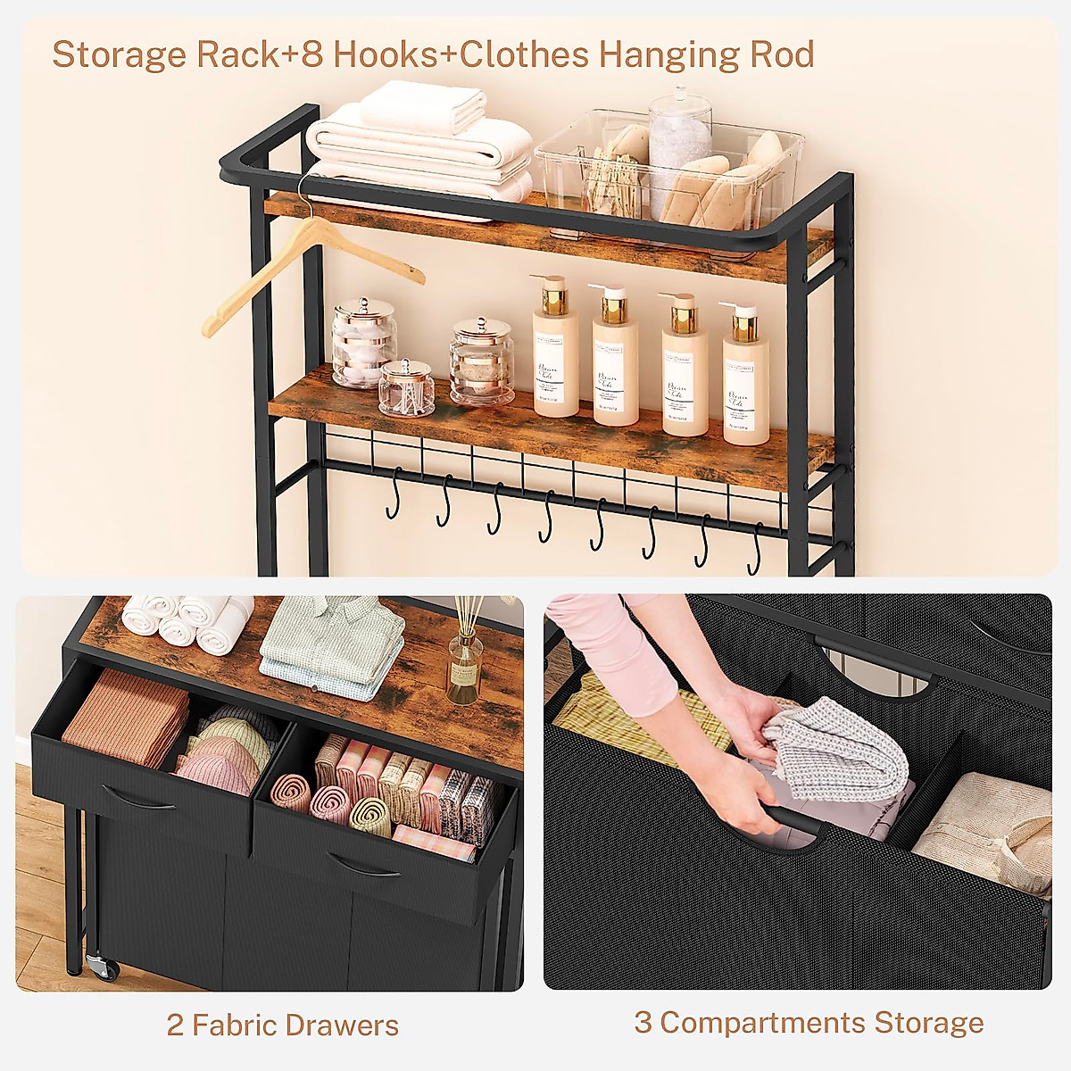 TEENFON Laundry Sorter, Rolling Laundry Hamper with 3 Section Pull-Out Bags, Laundry Basket Organizer with 2 Drawers, Laundry Hamper with Shelves and 8 Hooks for Laundry Room, Bathroom, Bedroom