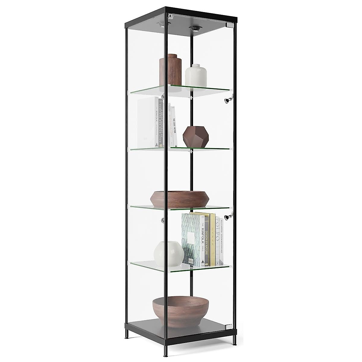 Displays2go Glass Showcase Towers, Tempered Glass Shelves, LED Lighting – Clear, Black (LESC5578BK)