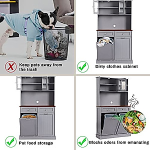 YOCONYO Double Tilt Out Trash Cabinet Storage Cabinet 20 Gallon with Two Solid Wood Hideaway Trash Holder Drawers, Dual Wooden Free Standing Recycling Cabinets Trash Can Bin Kitchen (Gray)