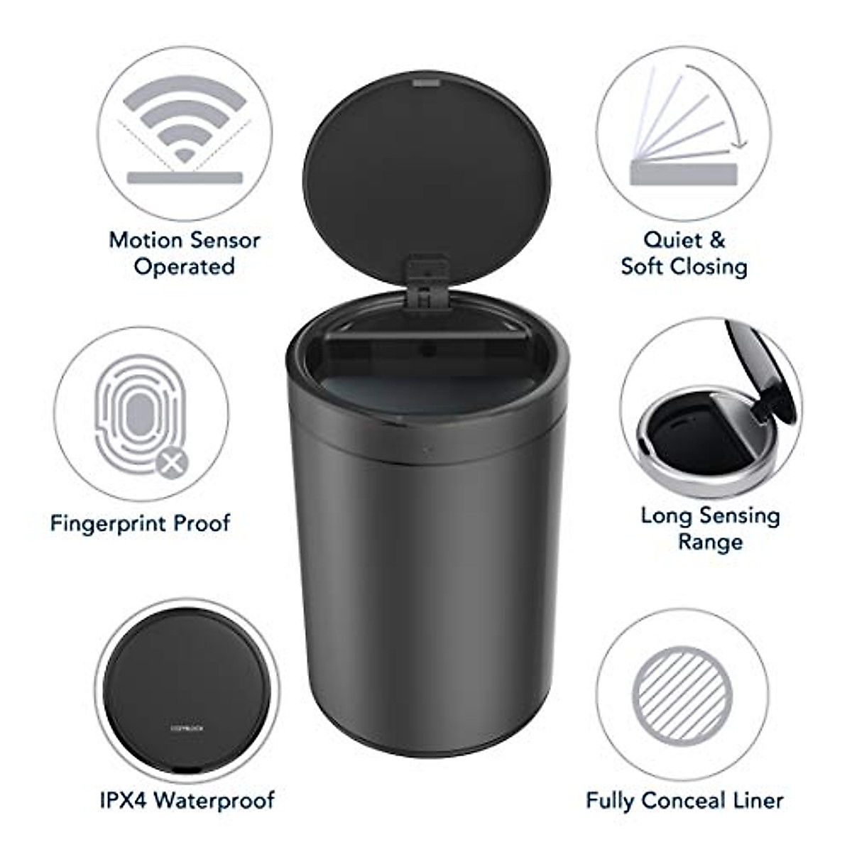 CozyBlock 3.2 Gallon 12L Automatic Trash Can, Stainless Steel Touchless Motion Sensor Bin, Quiet Soft Close Lid, IPX4 Waterproof (Black Stainless Steel)