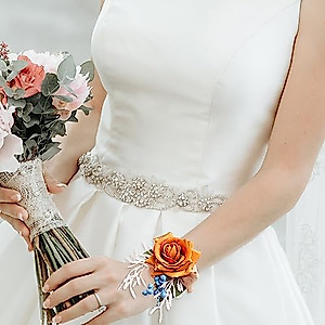 AJOYEGG Wrist Corsage and Boutonniere Set: Corsage Wristlet Band Bracelet Flower and Men Boutonniere Rose Flower Set for Wedding Prom Suit Decoration(Burnt Orange)