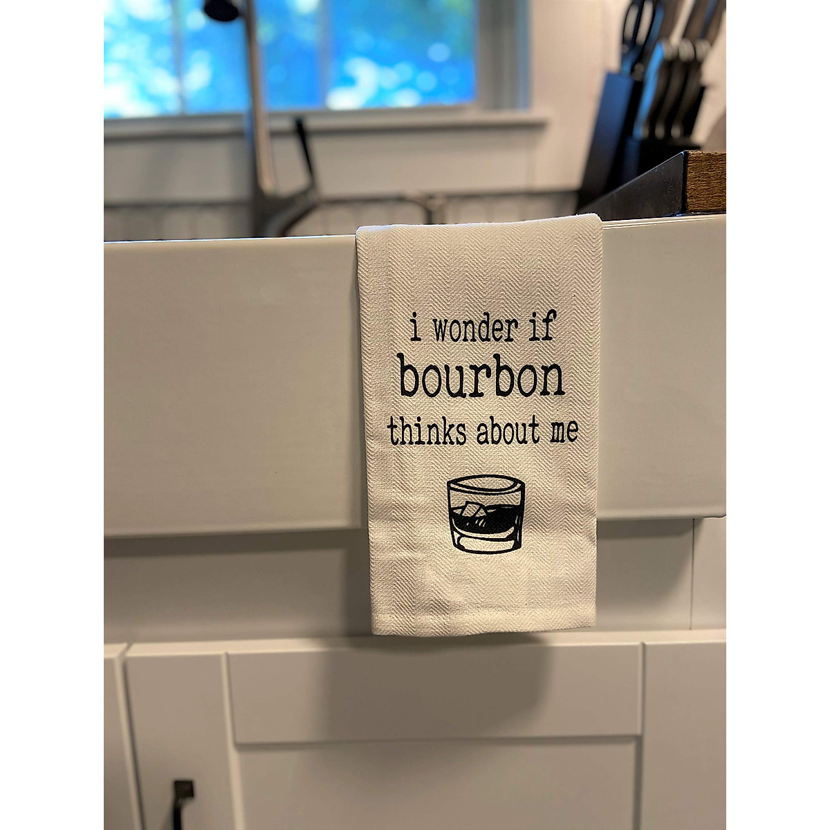 I Wonder If Bourbon Thinks About Me Tea Towel | Dish Towels with Funny Bourbon Whiskey Sayings are Perfect for Home, Bar, or Kitchen | Funny Gift for Old Fashioned Cocktail Lovers
