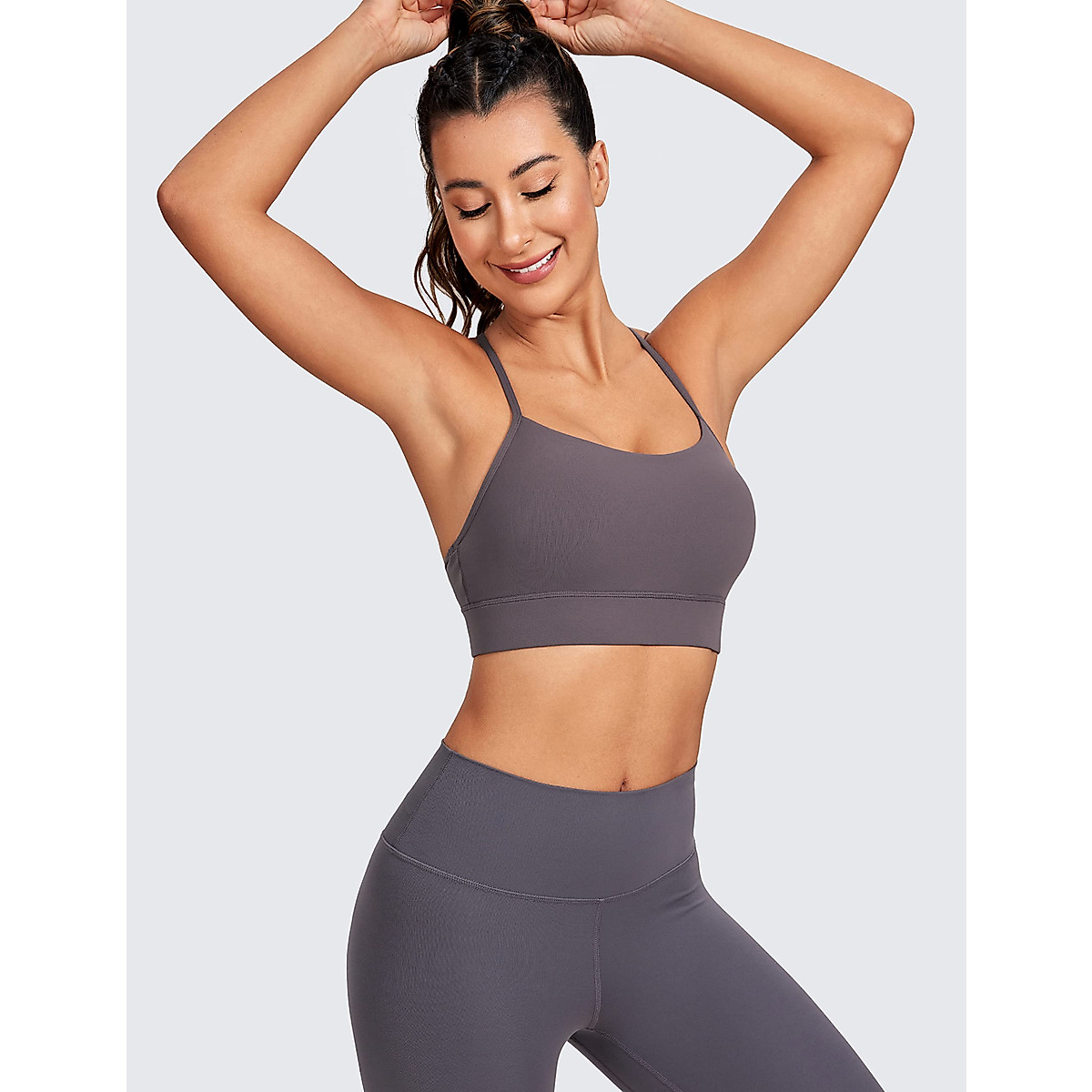 CRZ YOGA Butterluxe Womens Y-Back Racerback Sports Bra - Spaghetti Straps Wireless Scoop Neck Athletic Padded Yoga Bra Tornado Grey Small