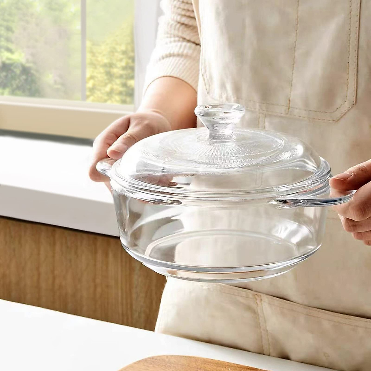 HUSANMP Clear Round Glass Casserole with Lid, Baking Dish with Glass Cover, Glass Casserole for Oven, Freezer and Dishwasher Safe (1-Quart Round)