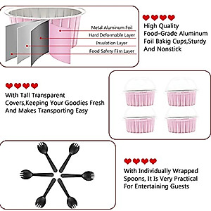 Jumbo Muffin Liners with Lids 50 Pack,Free-Air 5oz Aluminum Foil Cupcake Cups Muffin Tins,Disposable Ramekins Cupcake Baking Pans Cupcake Holders for Custard Mini Pie -Pink