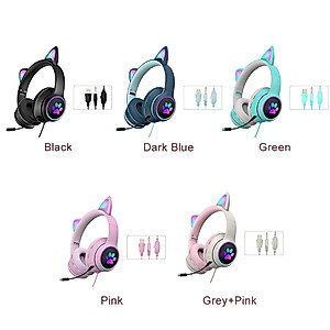 HONUTIGE Gaming Headset Cat Ear Headphone with RGB LED Light Microphone Stereo Sound Glowing Over-Ear Gaming Headsets for Kids and Adult
