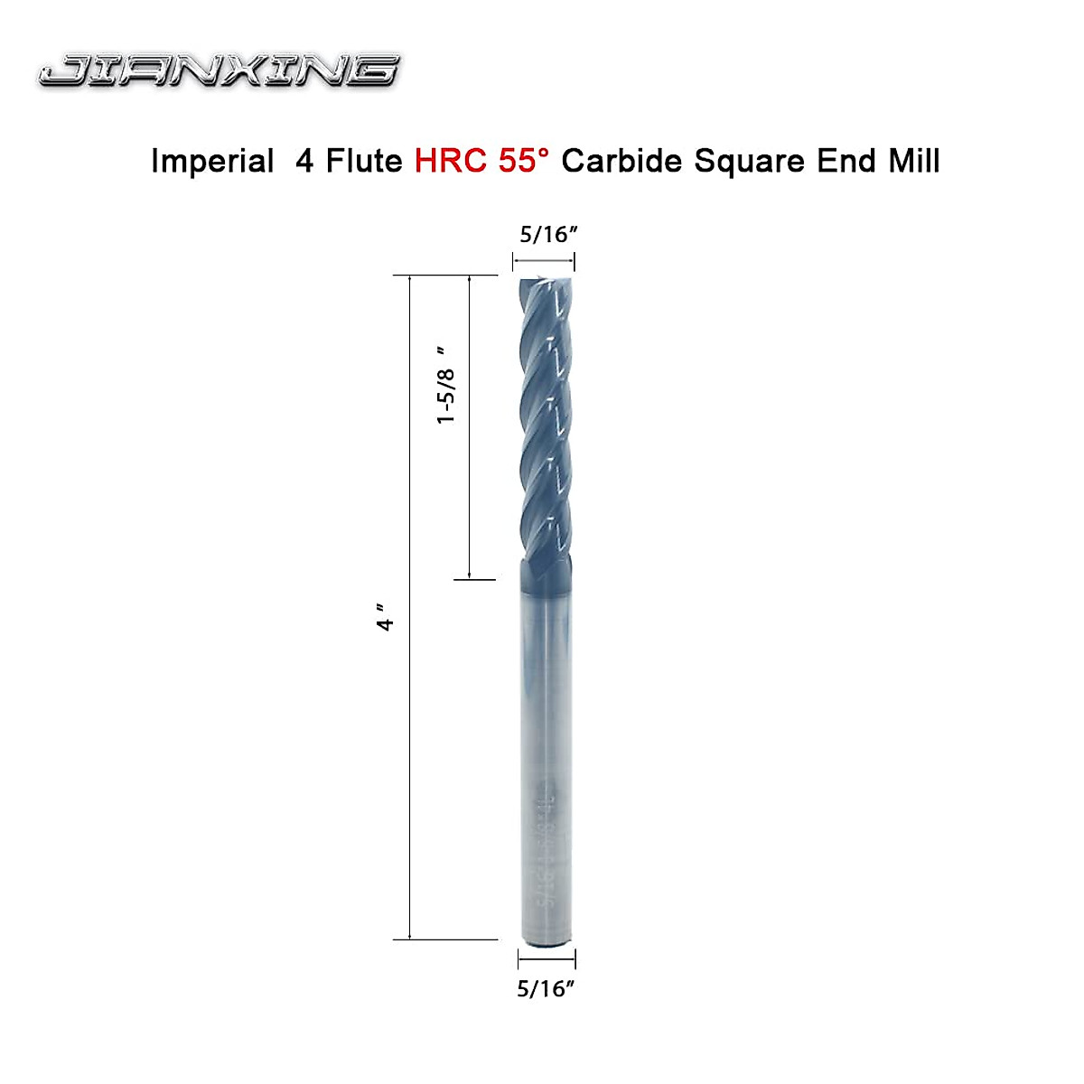 JIANXING 5/16" Extra Long Carbide Square End Mill for Alloy Steels/Hardened Steels, 4" Overall Length End Mill Bits, 4 Flute HRC 55 Deg AlTiN Coating, CNC Router Bits (1 Pieces)