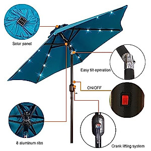 Blissun 7.5 ft Solar Umbrella 18 LED Lighted Patio Umbrella Table Market Umbrella with Tilt and Crank Outdoor Umbrella for Garden, Deck, Backyard, Pool and Beach, Cerulean