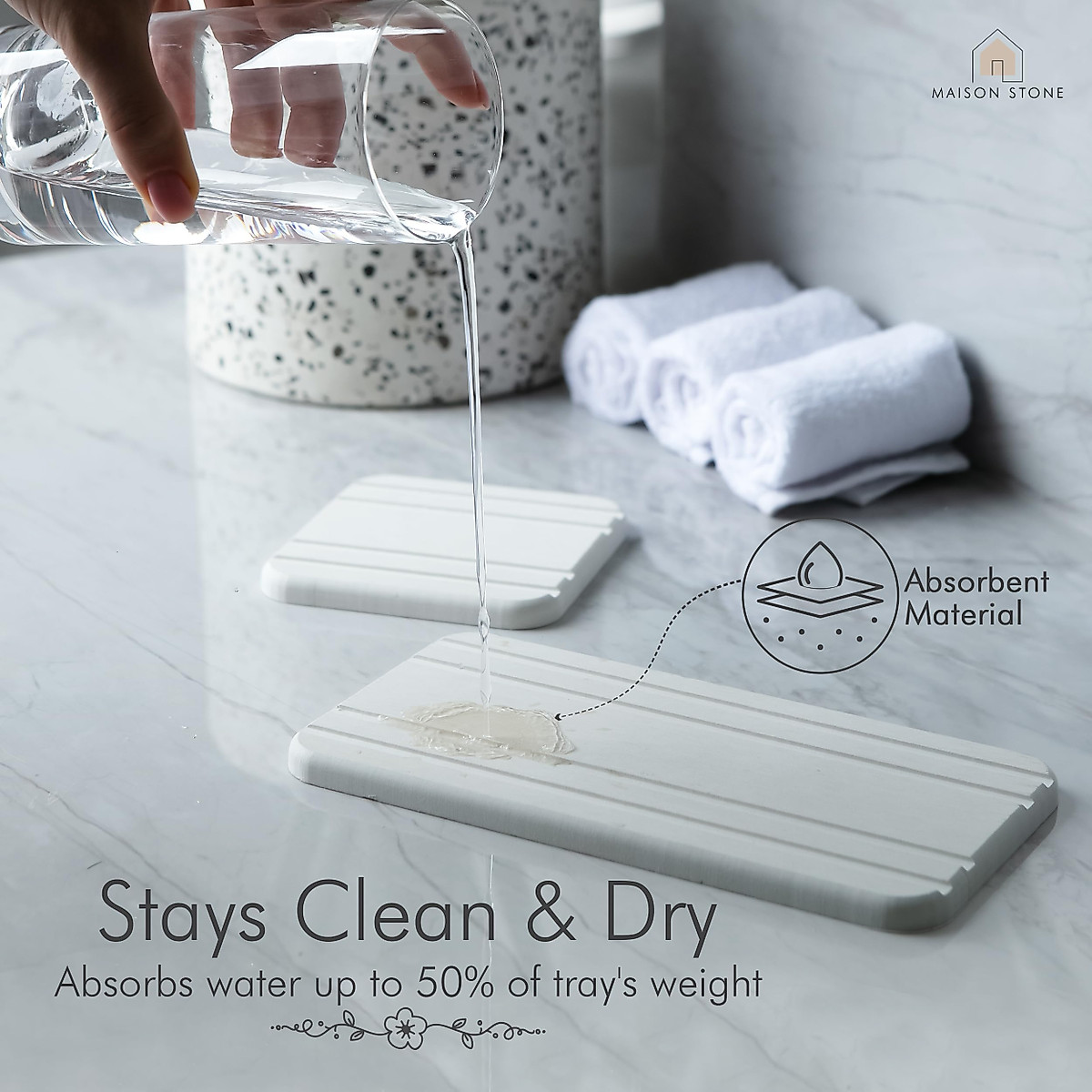 Maison Stone Bathroom Tray w/Bonus Vanity Tray. Absorbent Bathroom Trays for Counter. Multipurpose 8x4 Countertop Tray. Perfume Tray. Kitchen Soap Tray. Time Saving Bathroom Counter Tray.