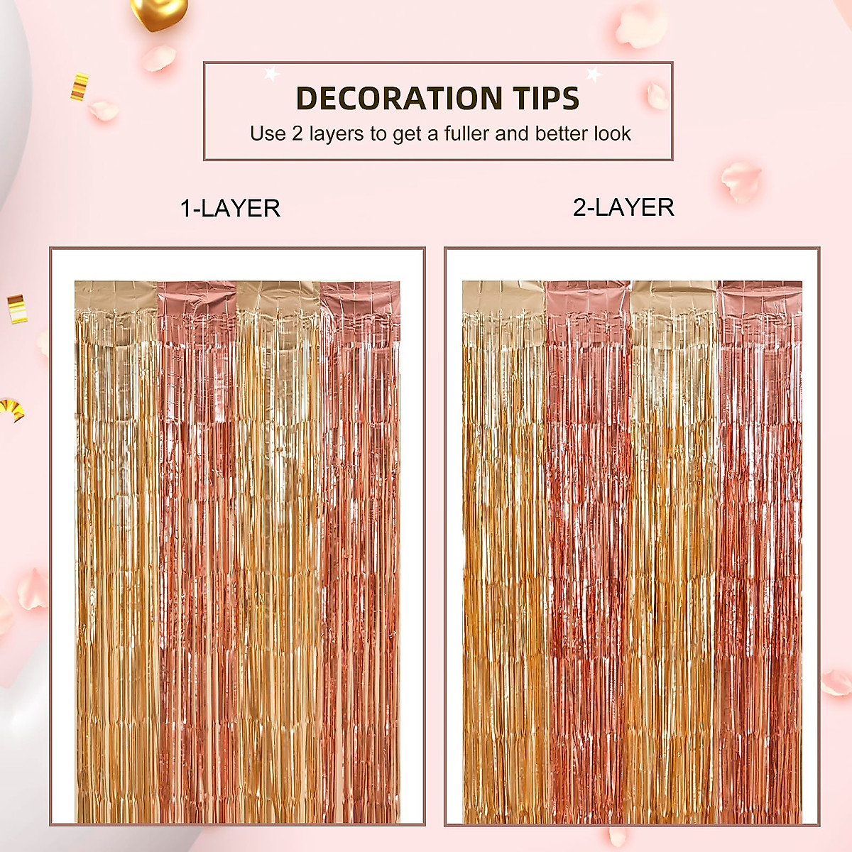 LOLStar 2 Pack Rose Gold Birthday Decorations, 3.3x6.6ft Pink and Gold Foil Fringe Curtains, Tinsel Streamers Backdrop Photo Booth Props for Bridal Shower Ballerina Valentine's Party Decor