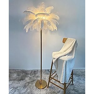 GOYQGLE Floor Lamp Gold,62.9in Ostrich Feather Floor Lamp with Foot Switch / 6-Light*G4,Golden Lamp Body with Plug in Wire,Bulb Included,Simple Modern Bedroom and Living Room