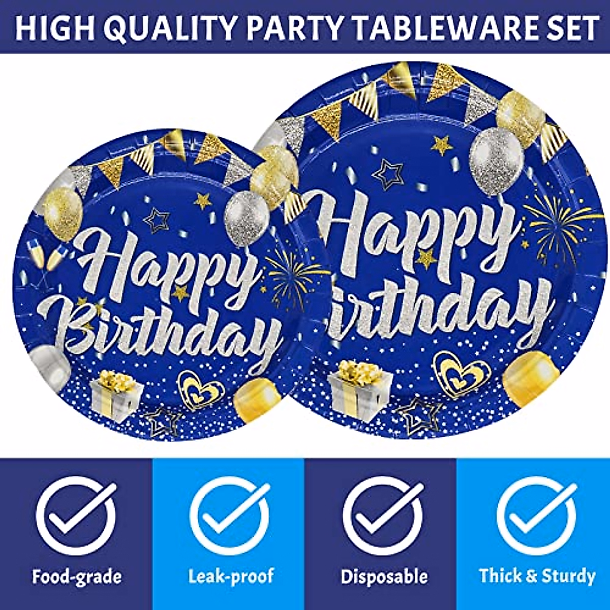 VYTSYD Blue Birthday Party Decorations Packs, 120 Pcs Blue and Gold Foil Dots Happy Birthday Party Supplies for Men Boys | Navy Blue Plates and Napkins Cups Straws Cutlery Set, Serve 24