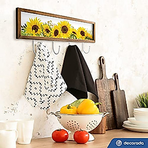 Decorada Sunflower Kitchen Decor - Sunflower Wall Art (4 x Towel/Coat Hooks) Made from Wood (3.5 x 16.9 & Wall Mounting Screws) Sunflower Decor For Kitchen - Sunflower Decor For Bedroom