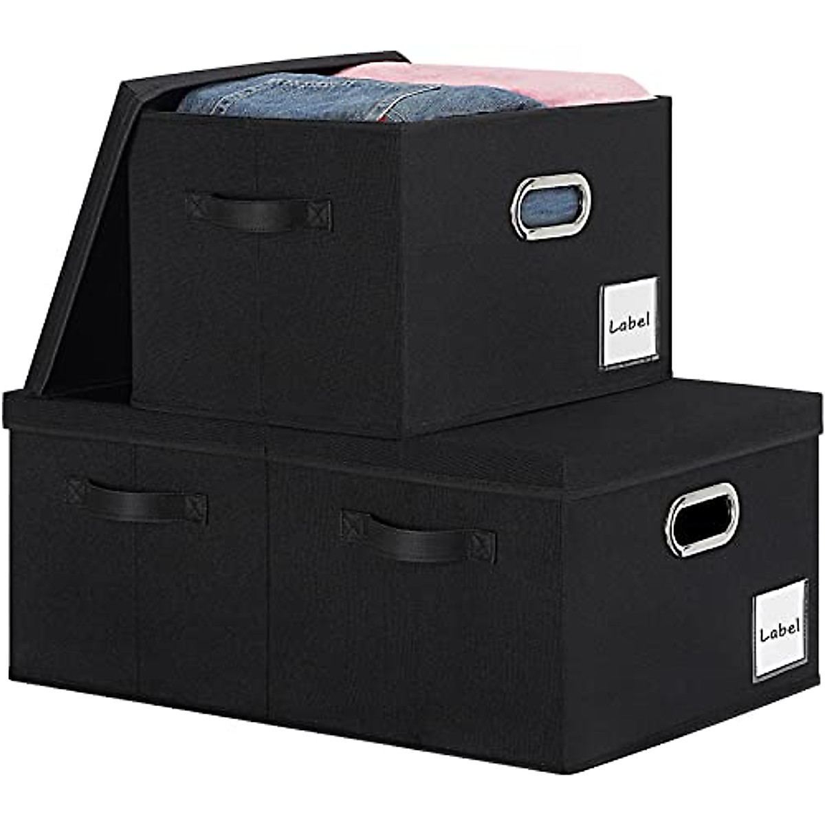 LHZK Large Storage Bins with Lids 6 Pack, Linen Fabric Storage Boxes with Lids, Foldable Storage Baskets with 3 Handles and Label Window for Shelves Bedroom Closet Office (15.75x11.8x10.2,Black,Beige)