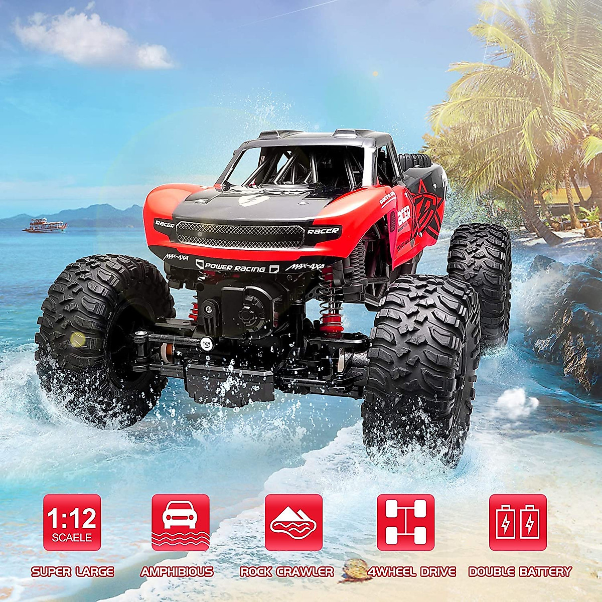 Remote Control Car, 1/12 RC Car Monster Truck 2.4GHz All Terrain Waterproof Racing Car Off-Road RC Crawler Toy Gift for Kids Adults