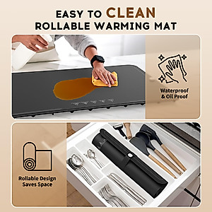 VTAR Electric Food Warming Mat Tray Warmer for Party Buffet Servers Hot Logic Heating Heater Full Surface Keep Warm, Rollable Portable, Premium Silicone, 3 Temperature Set, Auto Shut Off - Black