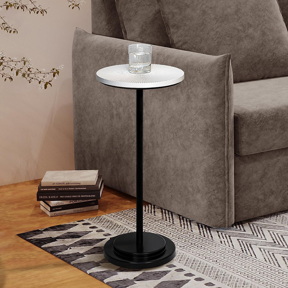 COVLON Drink Table, Carved Table Top Martini Table, Small Side Table, Weighted Base Pedestal Table for Living Room, Bedroom, Modern, White and Black