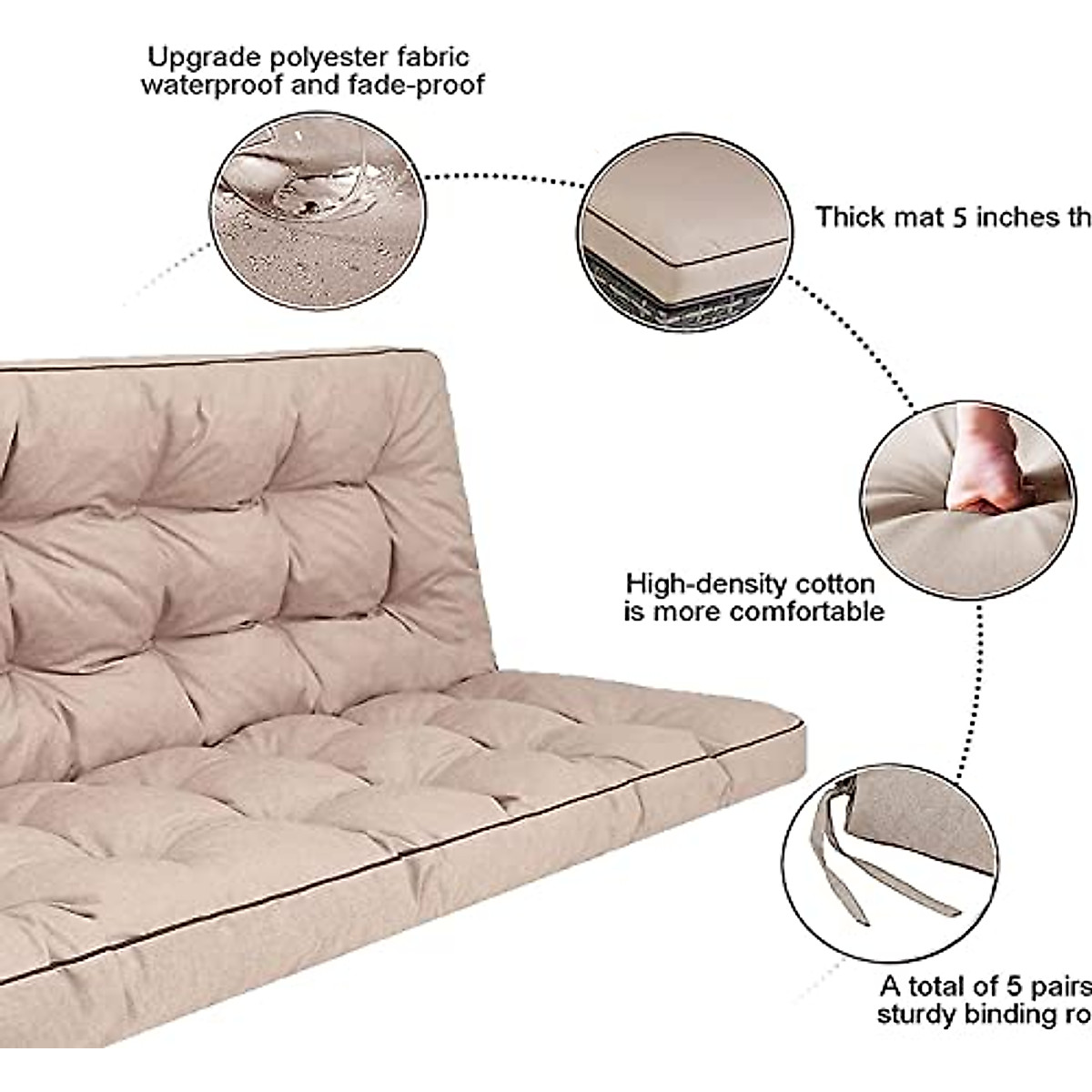 Rlosqvee Porch Swing Cushions, Waterproof Bench Cushion 2-3 Seater Patio Swing Cushions Replacement for Outdoor Furniture (Khaki 55"x40")