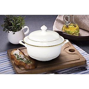Bone China Soup Tureen with lid, 2.97QT, Gold Rim, Big Soup Bowl, 2pc set, Serveware, Big Serving Bowl, Elegant Ceramic/Porcelain, White, Translucent, Modern, Simple and resistant, Greeting dinnerware