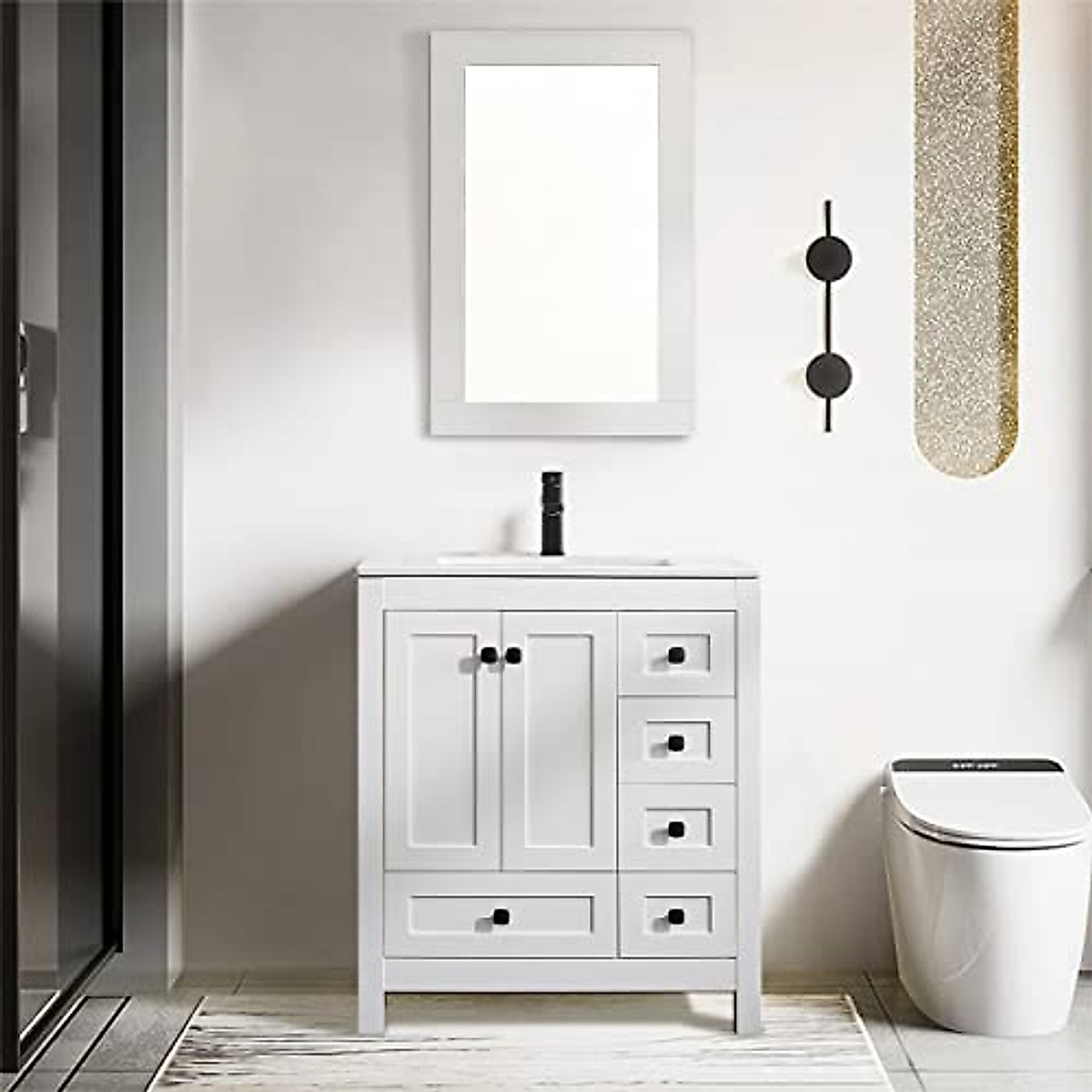 eclife 30'' Bathroom Vanities Cabinet with Sink Combo Set, Undermount Ceramic Sink w/Thickened Wood, Matte Black Faucet, High-Definition Mirror,White