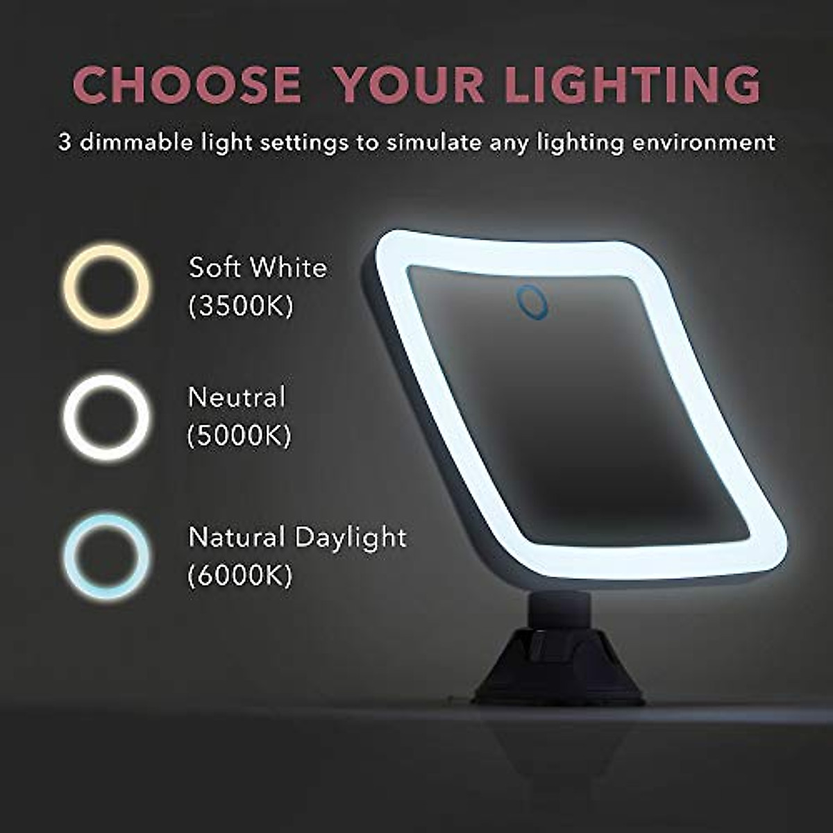 Fancii Rechargeable 10x Magnifying Mirror with 3 LED Light Settings, Dimmable Touch Light, Cordless, Locking Suction Mount, Lighted Mirror for Bathroom or Travel (Mira 2)