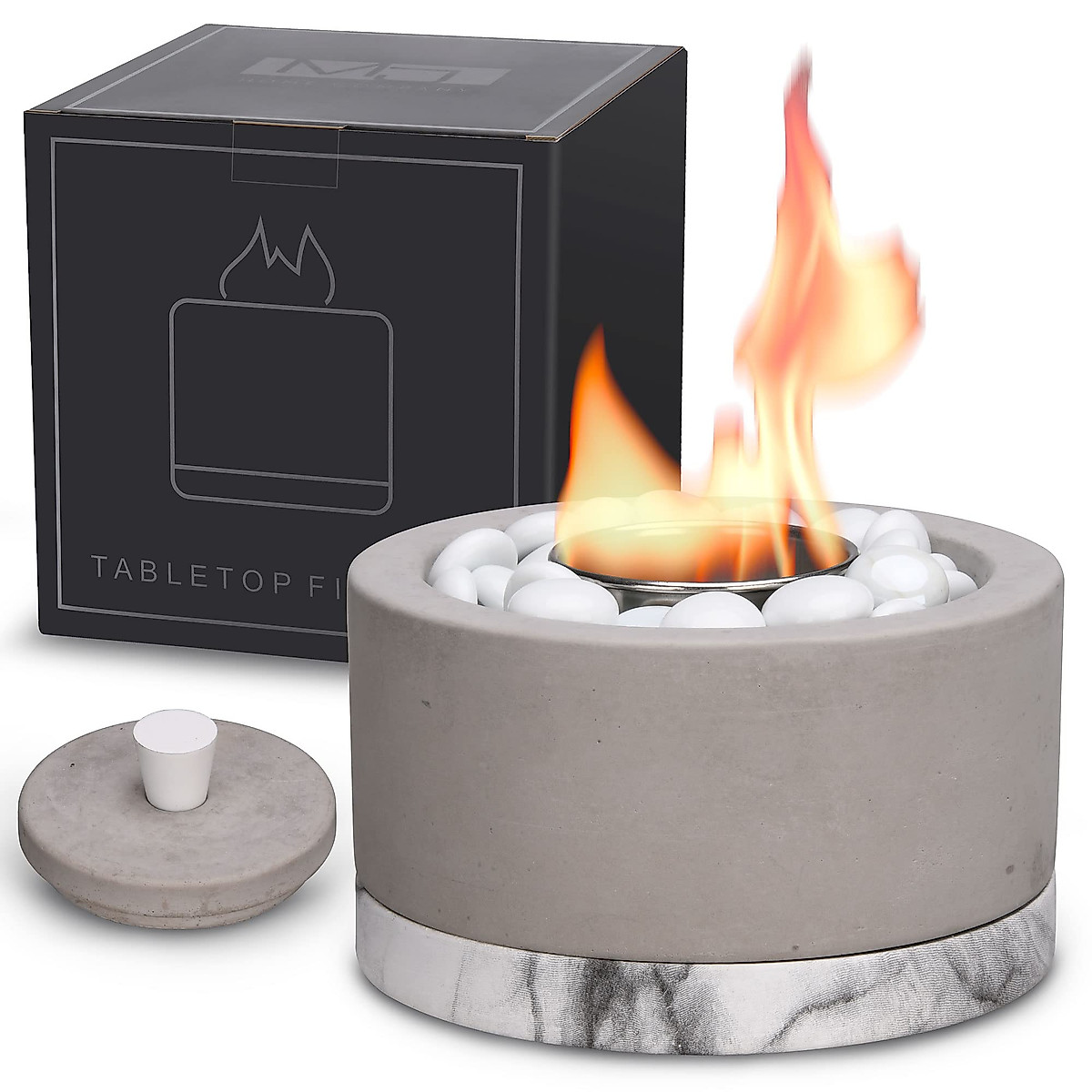 MJ Home Tabletop Fire Pit Bowl, Indoor Pit, Small Smores Place, Portable Fireplace, Personal Round Firebowl with Flame, Firepits for Use on Patio, Balcony, Camping., Gray White