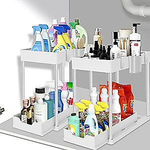 Royacon Under Sink Organizer, Sliding Under Bathroom Cabinet Storage Drawer Organizer with Hooks, Hanging Cup 1PACK