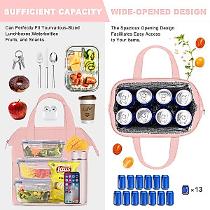 KUBYA Lunch Bag Women, Lunch Box for Women Men Insulated Lunch Bag & 1 Food Storage bag Simple Reusable Lunch Tote Bag for Work, Picnic Beach or Travel (Pink)