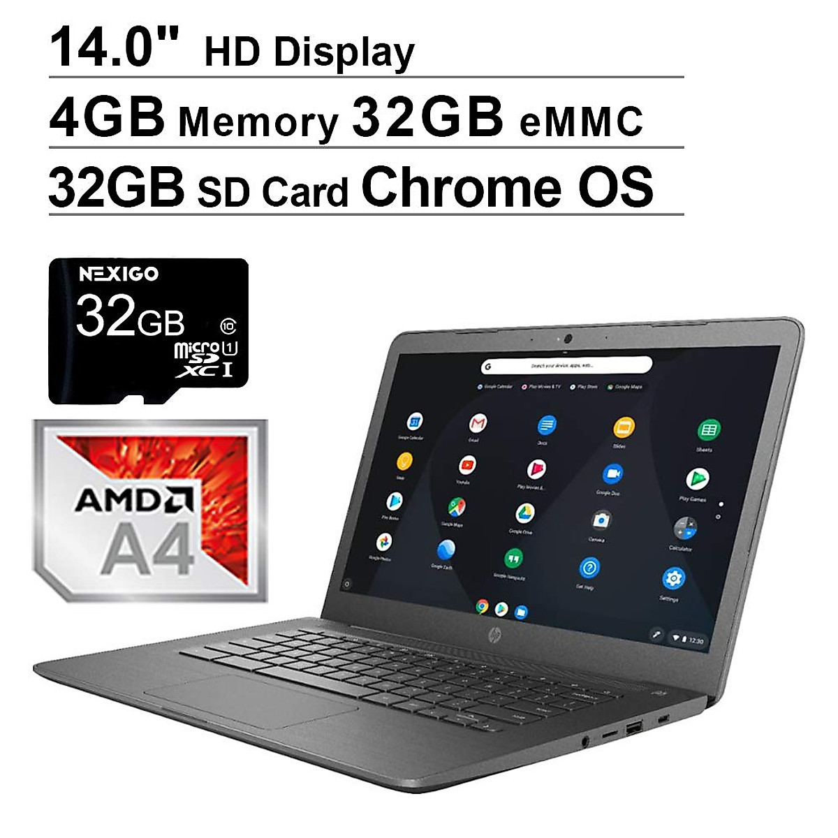 HP 2021 Chromebook 14 Inch Non-Touch Laptop, AMD A4-9120C up to 2.4 GHz, 4GB DDR4 RAM, 32GB eMMC, WiFi, Bluetooth, Webcam, Chrome OS, Gray + NexiGo 32GB MicroSD Card Bundle
