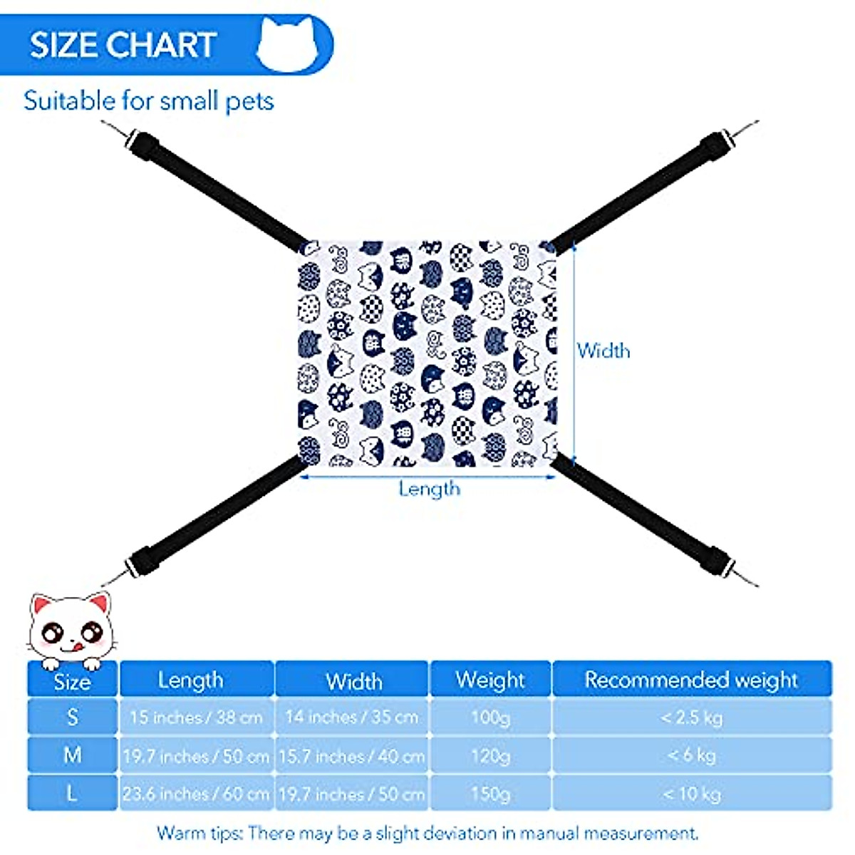 Pedgot 3 Pack Reversible Cat Hanging Hammock with Adjustable Straps and Hooks Double-Sided Pet Cage Hammock Hanging Bed Resting Sleepy Pad for Small Animals Pets, 23.6 x 20 Inches