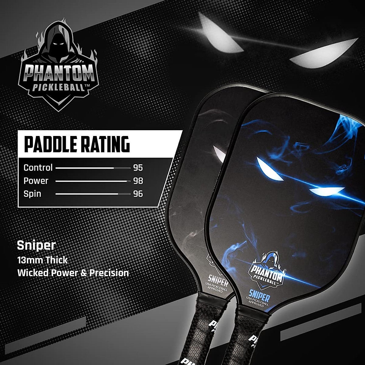 Phantom Sniper 13mm Carbon Fiber Elongated Body Pickleball Paddles - Max Grit and Spin - USAPA Approved – Pickleball Rackets - Pickle-Ball Equipment with Polypropylene Core – Lightweight (Steel)