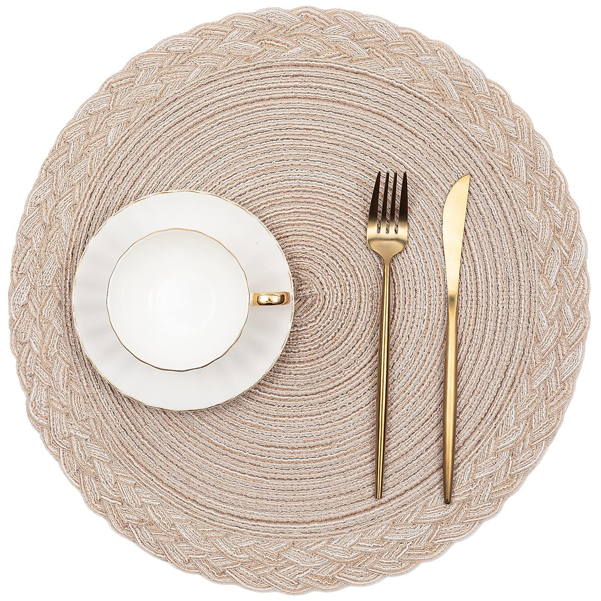 SHACOS Round Placemats Set of 6 Boho Woven Braided Border Table Mats Washable Heat Resistant 15 inch Circle Place Mats for Dining Table, Beige