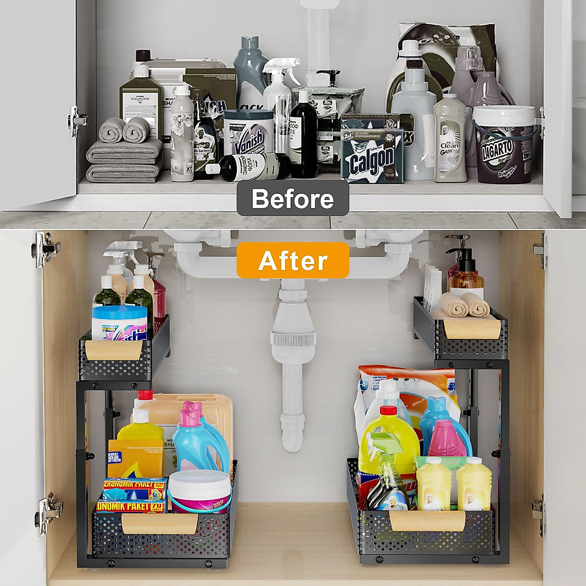 Under Sink Organizers and Storage,2 PACK 5 Height Adjustable Kitchen Cabinet Organizer,2 Tiers Pull Out Drawer Shelves Metal Slide Tray Organizer for Kitchen Bathroom