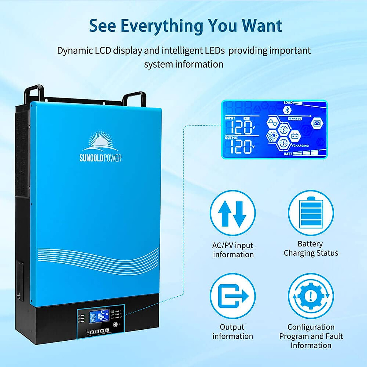 SUNGOLDPOWER 6000W 48Vdc Hybrid Solar Inverter Input 240V Output 120/240V Split Phase Pure Sine Wave Inverter MPPT 120A Solar Charger and 120A AC Charger Batteryless BluePower TP6048