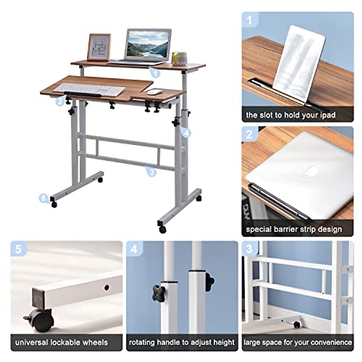 AIZ Adjustable Rolling Desk Cart on Wheels Home Office Computer Workstation, Portable Laptop Tall Table for Standing or Sitting, Oak