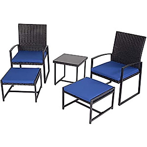 kinbor 5 Pieces Wicker Patio Furniture Set - PE Rattan Outdoor Patio Chairs with Ottomans Conversation Sets with Glass Coffee Table and Cushions for Poolside, Garden, Balcony, Porch (Dark Blue)