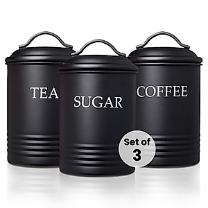 Steelware Central Kitchen Canister Set of 3 Sugar Coffee Tea with lids Food Storage, Black