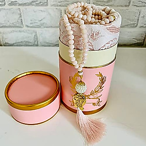 Muslim Prayer Rug, Luxury Prayer Beads with Elegant Design Cylinder Gift Box I Perfect Islamic Gift I Muslim for Men,Women,Kids I Soft Islamic Prayer Mat | Luxury Islamic Gifts (Light Pink, 1 Sets)