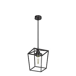 GZJunYo 1-Light Black Pendant Light Fixture Farmhouse Iron Cage Metal Pendant Light Lantern Hanging Light Fixtures with Clear Glass Shade for Kitchen Island, Entryway, Dining Room, Hallway