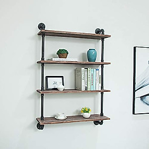 Industrial Pipe Shelving Bookshelf Rustic Modern Wood Ladder Storage Shelf Retro Wall Mount Pipe Design DIY Shelving (24in, 4 Layers)