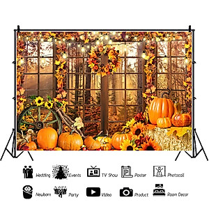 7x5ft Fall Window Photo Backdrop Autumn Forest Scenery Maple Leaves Pumpkin Harvest Photography Background Fall Theme Thanksgiving Day Party Decorations Banner Birthday Baby Shower Decor